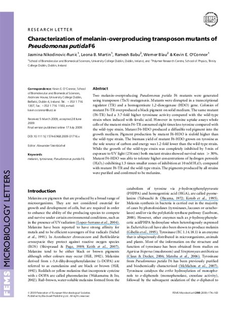 Pdf Characterization Of Melanin Overproducing Transposon Mutants Of Pseudomonas Putida F6