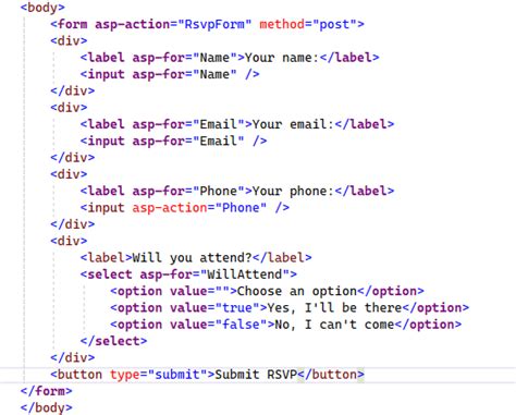 maak een form view in mvc met label en input via asp action