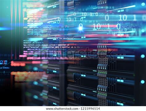 데이터 센터의 수퍼 컴퓨터 서버 랙에 스톡 일러스트 1215996514