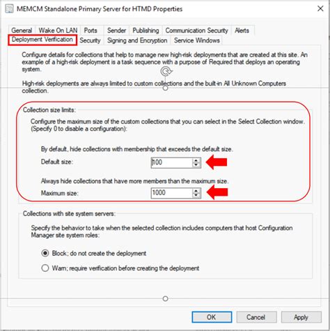 how to configure collection size limits for task sequence deployment settings configuration