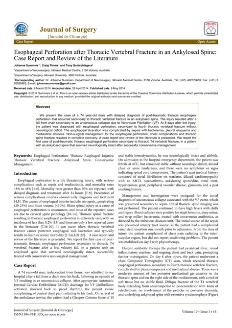 Pdf Esophageal Perforation After Thoracic Vertebral Fracture In An Ankylosed Spine Case