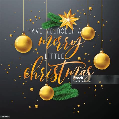 메리 크리스마스와 어두운 배경에 골드 유리 공 스타와 타이포그래피 요소와 함께 새해 복 많은 새해 그림 인사말 카드 파티 초대 또는 프로모션 배너에 대한 벡터 휴일 시즌