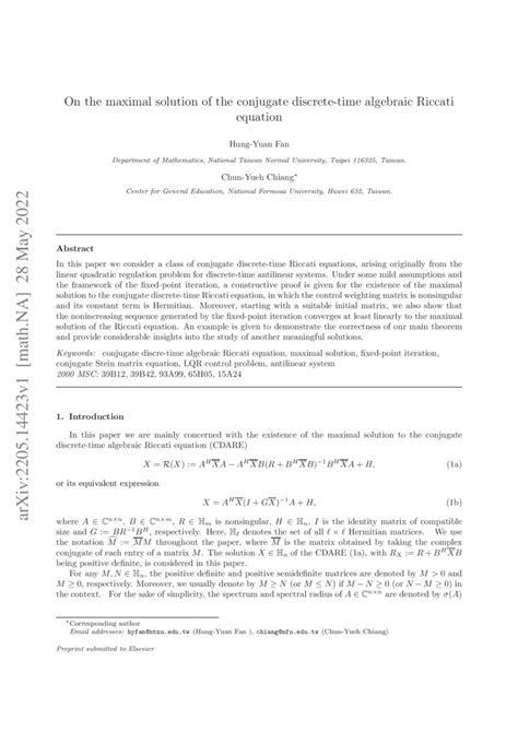 On The Maximal Solution Of The Conjugate Discrete Time Algebraic Riccati Equation Deepai