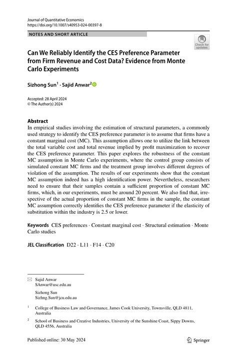 Pdf Can We Reliably Identify The Ces Preference Parameter From Firm Revenue And Cost Data