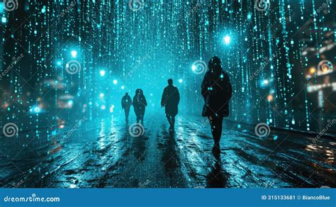 The Group People Try Searching Something In Digital Matrix Binary Code