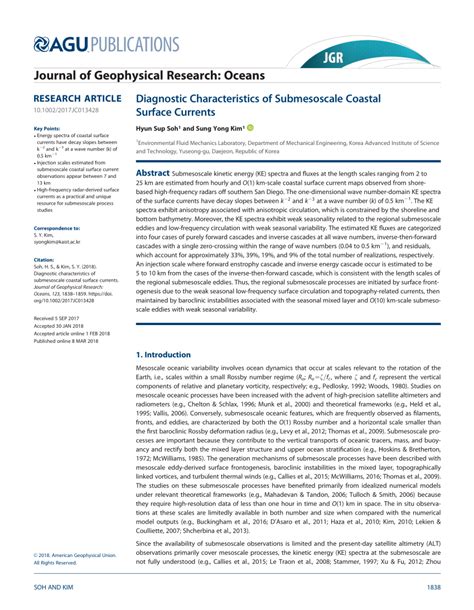 Pdf Diagnostic Characteristics Of Submesoscale Coastal Surface Currents