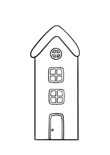 지붕 창문과 문 주택 낙서 선형 만화 색칠 공부와 높은 집 프리미엄 벡터