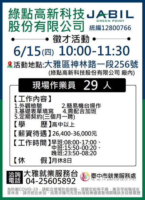臺中市政府就業服務一鍵catch管理平台 單一徵才 綠點高新科技股份有限公司