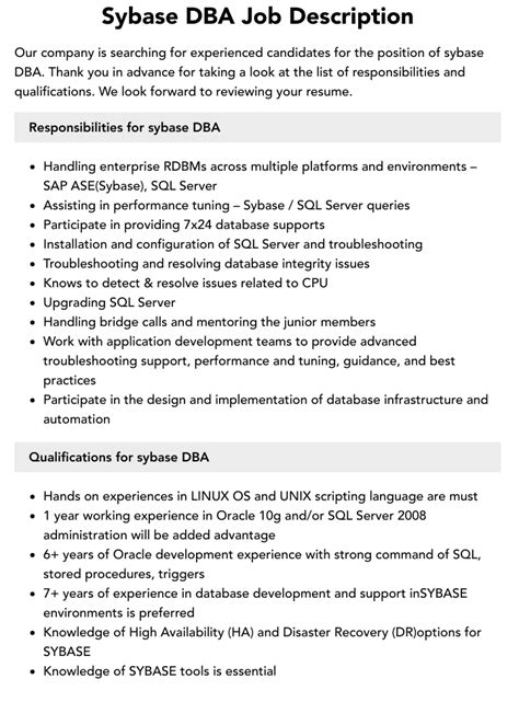 Sybase Dba Job Description Velvet Jobs