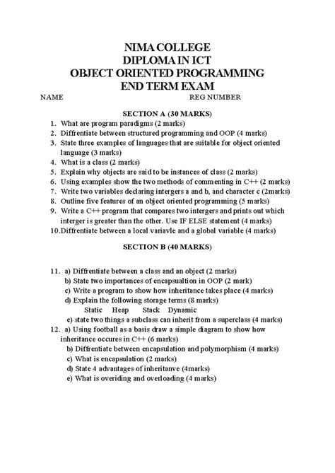 Oop Oriented Programming Past Paper Nima College Diploma In Ict