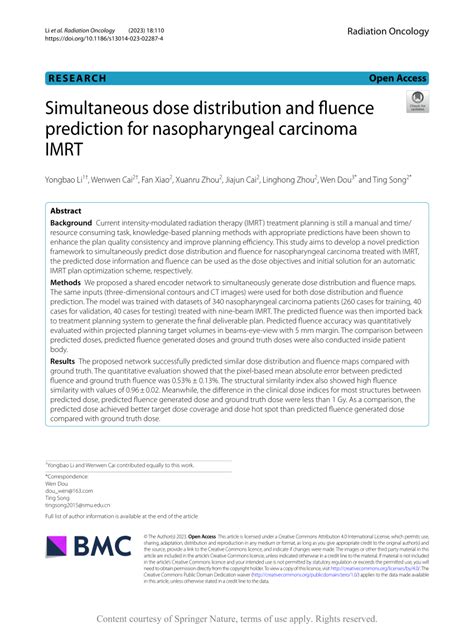 Pdf Simultaneous Dose Distribution And Fluence Prediction For Nasopharyngeal Carcinoma Imrt