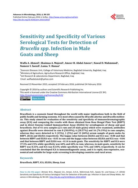 Pdf Sensitivity And Specificity Of Various Serological Tests For Detection Of Brucella Spp