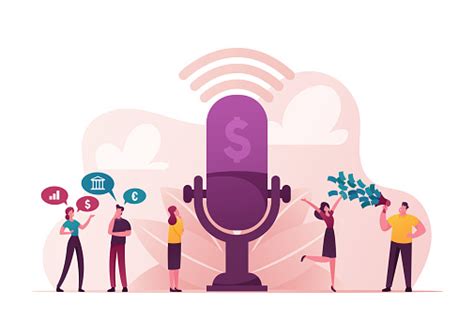 사람들의 그룹은 달러 기호 통신 및 금융 거래를 논의와 거대한 마이크 근처에 서있다 남성과 여성 캐릭터 돈 회담 비즈니스 컨설팅