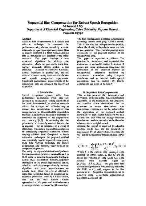 Pdf Sequential Bias Compensation For Robust Speech Recognition