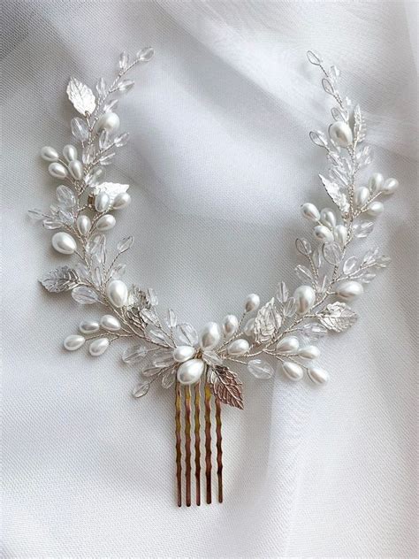 Bridal Pearl Hair Vine White Silver Hair Comb Wedding Crystal Headpiece Bridal Pearl Hair