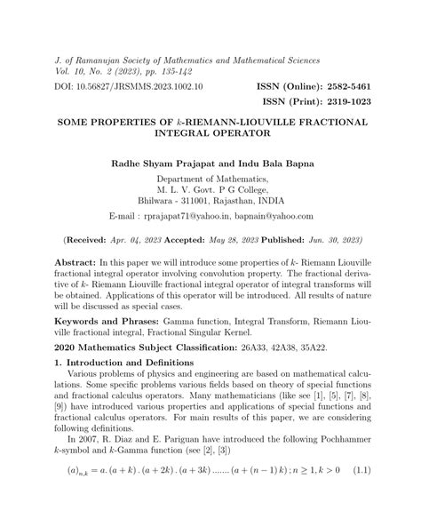 Pdf Some Properties Of K Riemann Liouville Fractional Integral Operator