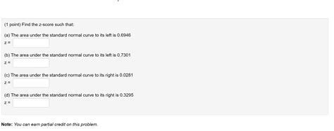 Solved 1 Point Find The Z Score Such That A The Area Under The