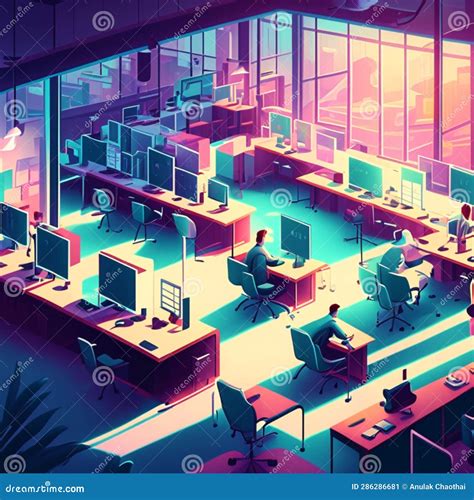 3d Rendering Of Business People Working In A Modern Office With Neon Lights Generative Ai Stock