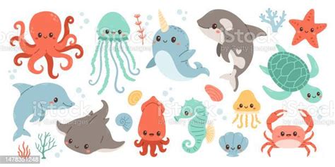 손으로 그린 해양 생물 요소로 설정합니다 당신의 디자인을 위한 해양 생물 개체의 벡터 낙서 만화 세트 아이콘에 대한 스톡 벡터 아트 및 기타 이미지 Istock