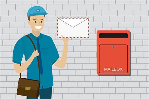 제복을 입은 행복한 백인 우체부 우체부는 벽돌 벽에 편지 빨간 금속 사서함을 보유하고 있습니다 게시물에 대 한 만화 레터 박스 우체부에 대한 스톡 벡터 아트 및 기타 이미지