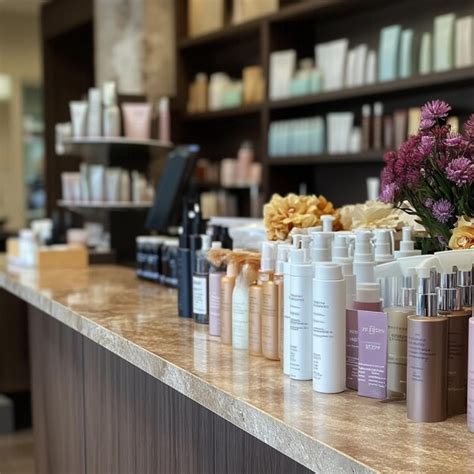 A Salon Counter With An Array Of Hair Care Products Ready For Purchase