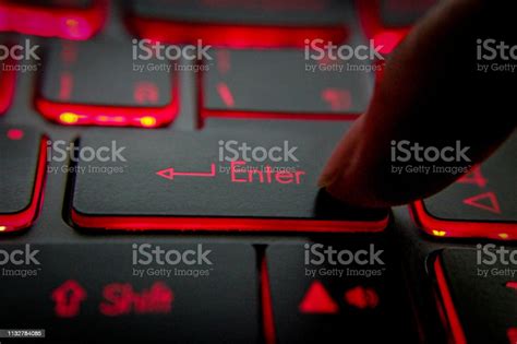 Hand Pressing Backspace Del Button On Computer And Red Led Image Stock