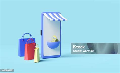 상점 정면이 있는 휴대폰 또는 스마트폰 파란색 배경에 격리된 쇼핑 종이 봉지 프랜차이즈 비즈니스 또는 온라인 쇼핑 개념 3d 그림 또는 3d 렌더링 3차원 형태에 대한 스톡