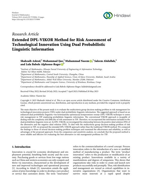 Pdf Extended Dpl Vikor Method For Risk Assessment Of Technological Innovation Using Dual