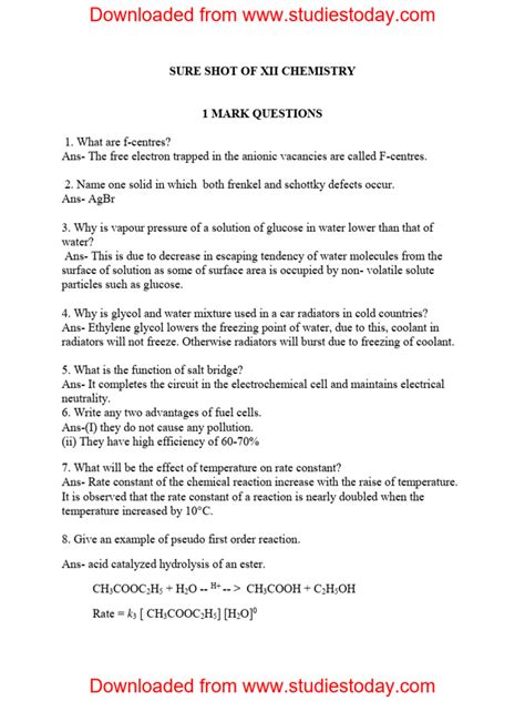 Cbse Class 12 Chemistry Sure Shot Questions Pdf Anode Chemical Reactions
