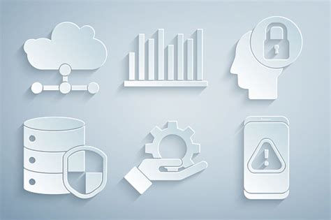 핸드 설정 기어 잠금 장치가 있는 사람의 머리 서버 쉴드 모바일 느낌표 파이 차트 인포그래픽 및 네트워크 클라우드 연결 아이콘을