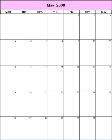 May 2008 Printable Blank Calendar