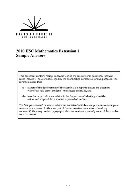 Maths Ext 1 2010 Hsc Sample Answers 2010 Hsc Mathematics Extension