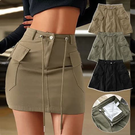 Falda Cargo Corta Verde Militar Para Mujer Minifaldas De Cintura Alta