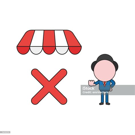 매장 차양 아래에 X 마크가 있는 사업가 캐릭터의 벡터 일러스트레이션과 손 정지 제스처를 보여 줌 색상 및 검은색 윤곽선 가격에 대한 스톡 벡터 아트 및 기타 이미지
