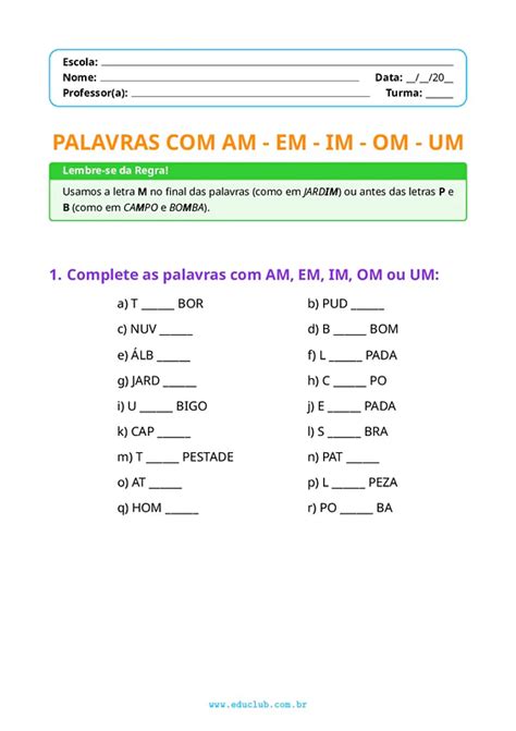 Atividades Com Am Em Im Om Um Para Imprimir Educlub