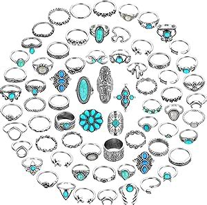Amazon Com Huquary Pcs Vintage Turquoise Rings For Women Bohemian Silver Oval Gemstone