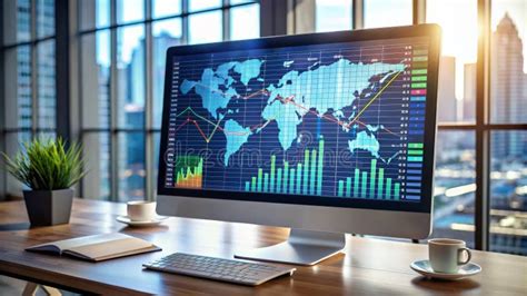 Global Market Analysis On Desktop Computer Screen World Map Financial Charts Data