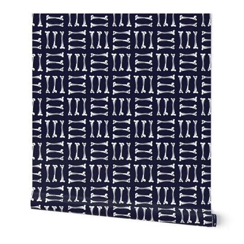 Large Scale White Tibia Bones Navy Wallpaper Spoonflower