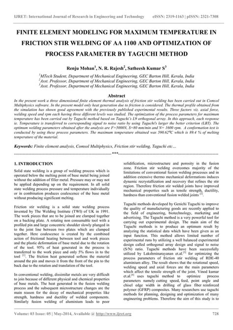 Finite Element Modeling For Maximum Temperature In Friction Stir Welding Of Aa 1100 And