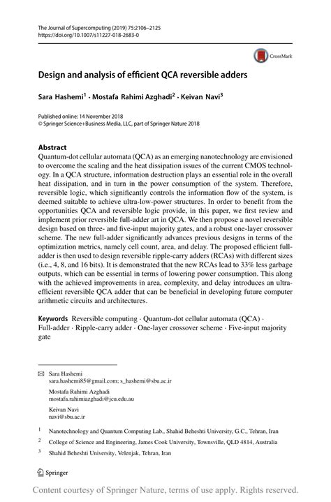 Design And Analysis Of Efficient Qca Reversible Adders Request Pdf