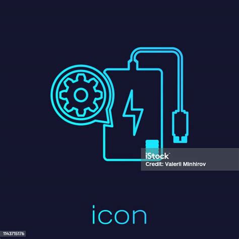 충전 케이블과 기어 라인 아이콘이 파란색 배경에 고립 된 청록색 전원 은행 조정 응용 프로그램 서비스 개념 설정 옵션 유지 보수 수리 벡터 일러스트 개념에 대한 스톡 벡터