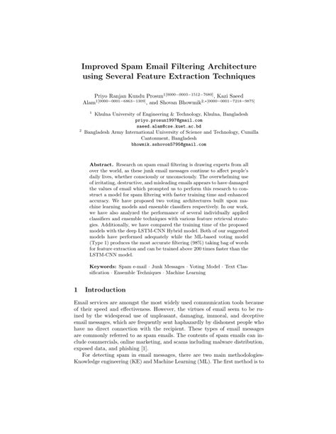 Pdf Improved Spam Email Filtering Architecture Using Several Feature Extraction Techniques