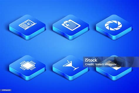 우유용 종이 패키지 의료 임상 기록 마티니 잔 Cpu가 있는 프로세서 클립보드 이력서 및 카메라 셔터 아이콘을 설정합니다 벡터 3차원 형태에 대한 스톡 벡터 아트 및 기타