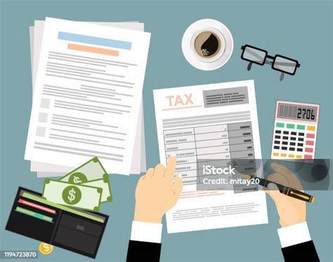 세금 납부 정부 주 세금 데이터 분석 서류 재무 연구 보고서 실업가 계산 세금 환급 플랫 디자인 양식 벡터입니다 부채 의 지불 개념에 대한 스톡 벡터 아트 및 기타 이미지