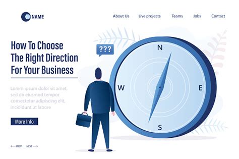 비즈니스에 적합한 방향을 선택하는 방법 랜딩 페이지 템플릿 거대한 나침반을 보고 있는 사업가 네비게이션 경로 찾기 올바른 사업 개발 방법 검색 결정에 대한 스톡 벡터 아트