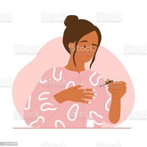 매니큐어로 손톱을 칠하는 젊은 여성 소녀는 젤 광택으로 손톱을 그립니다 뷰티 트리트먼트 매니큐어 미학 만화 스타일의 벡터 일러스트레이션 고립 된 흰색 배경 손톱 칠하기에