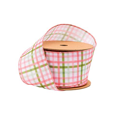 2 12 Wired Ribbon Pink And Green Checked Plaid 10 Yard Roll