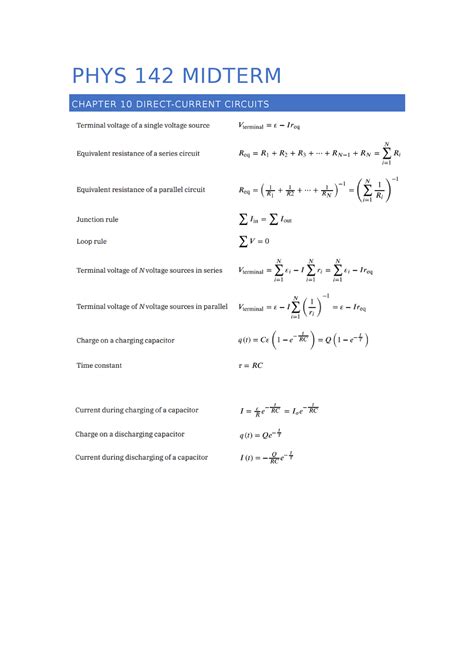 Phys 142 Crib Sheet 1 Phys 142 Midterm Chapter 10 Direct Current