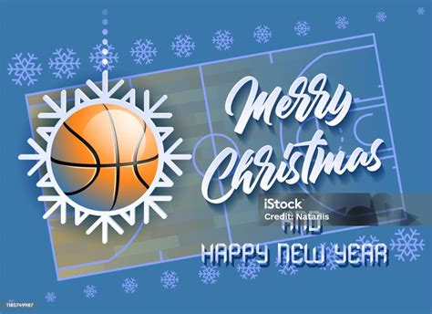 메리 크리스마스와 새해 복 야 눈송이와 농구 코트로 농구 공 스포츠 카드 농구 팀 스포츠에 대한 스톡 벡터 아트 및 기타 이미지 농구 팀 스포츠 농구공 눈송이