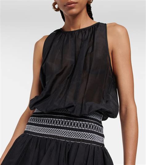 Tory Burch Smocked Cotton And Silk Minidress Black Editorialist